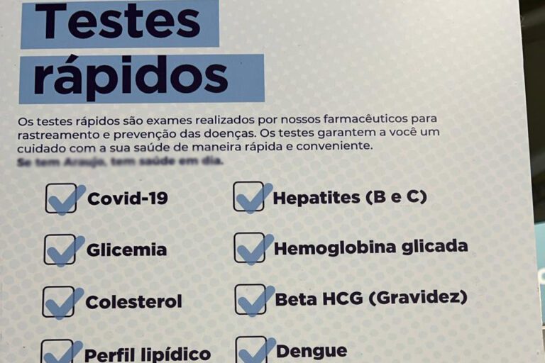 Testes rápidos disponíveis em farmácias, consultórios e clínicas
